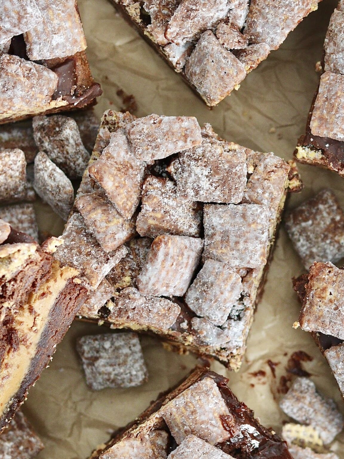 Puppy Chow Topped Peanut Butter Brownies - Sweet Girl Treats